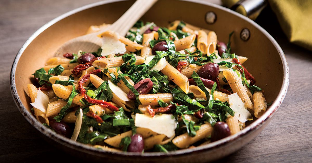 Warm Mediterranean Shredded Collards with Penne and Tomatoes - alive ...