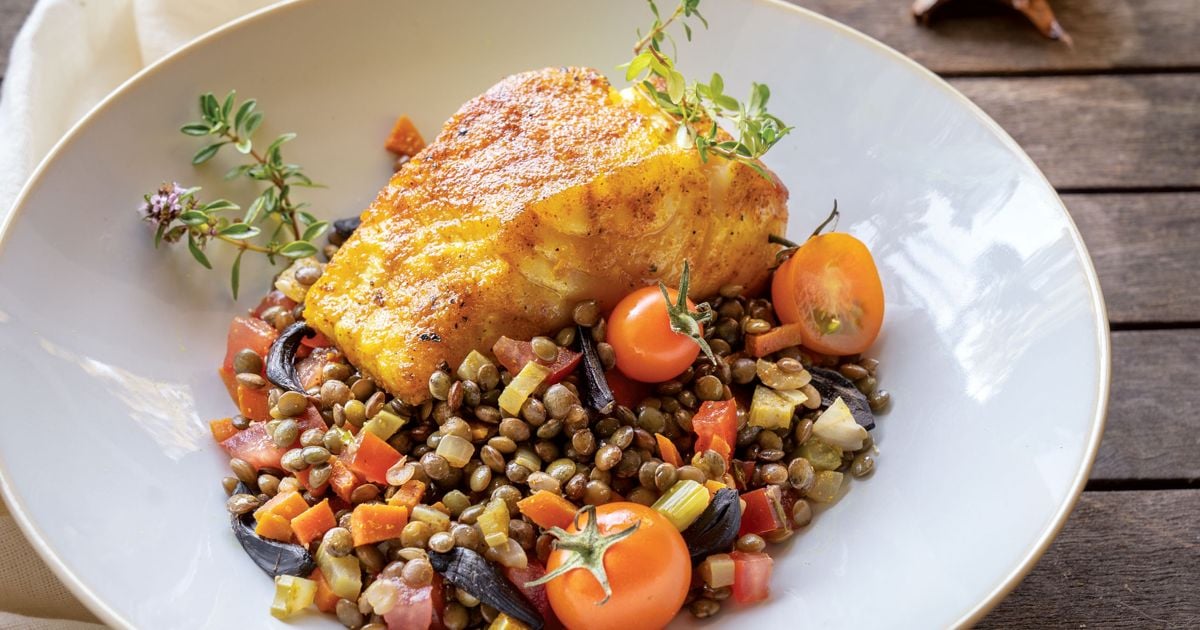 Puy Lentils with Sweet Black Garlic and Curried Fish - alive magazine