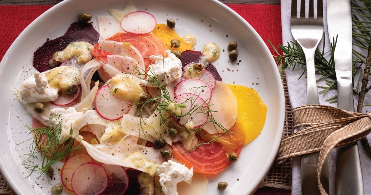 Root Veggie Carpaccio with Burrata Cheese and Capers - alive magazine