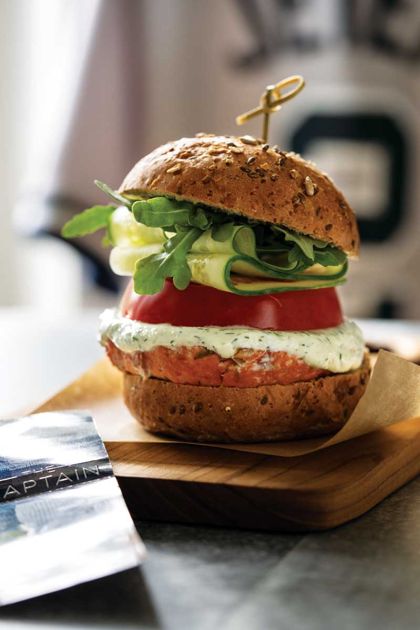 Salmon Burgers with Lemony Whipped Feta Sauce - alive magazine
